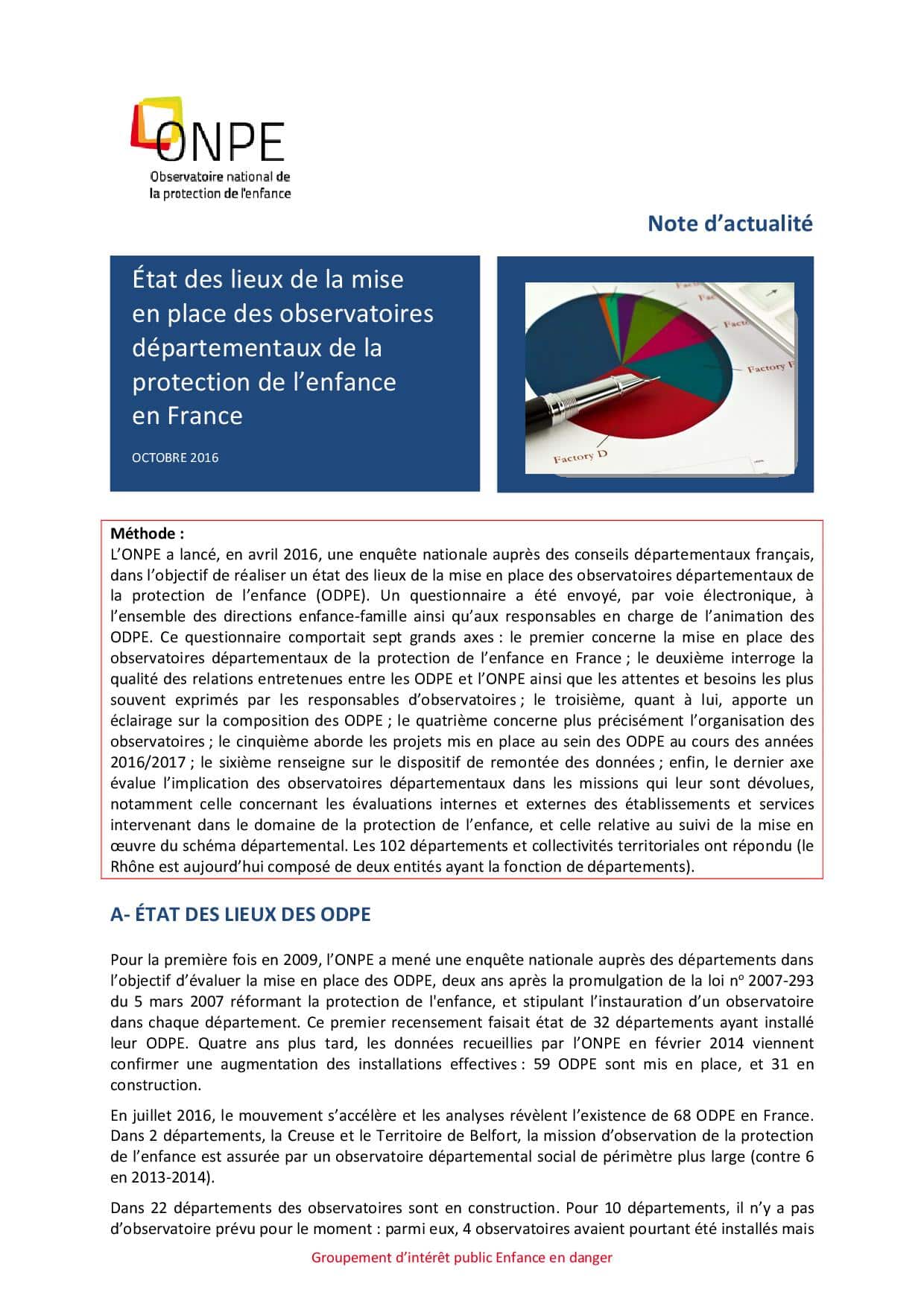 État des lieux de la mise en place des ODPE en France en 2016 - ONPE